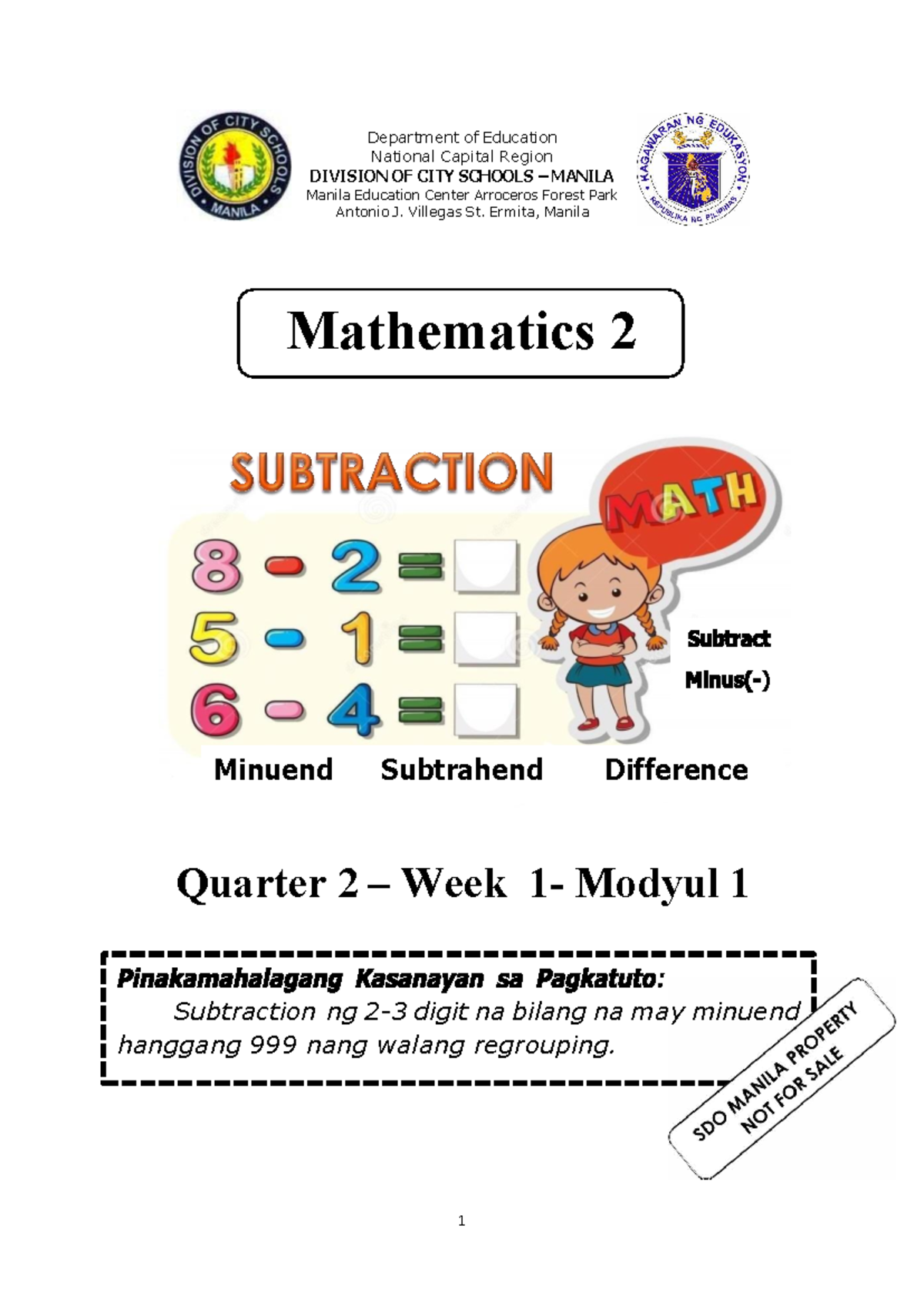MATH 2 Q2 Mod1 - Subtraction ng Digit na Bilang nang Walang Regrouping ...