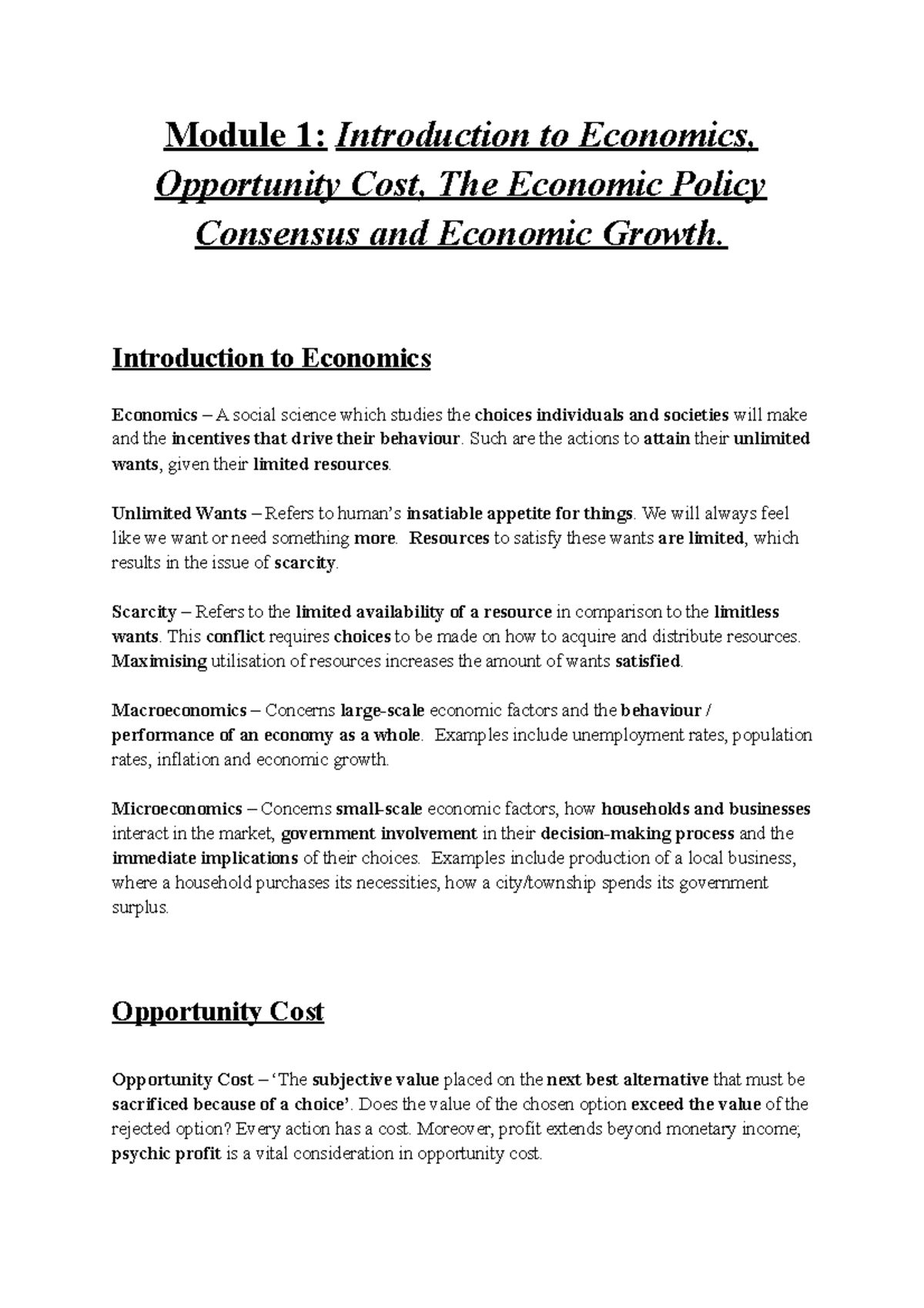BUS102 Wk 1 Economics Revision Notes: Opportunity Cost & Growth - Studocu