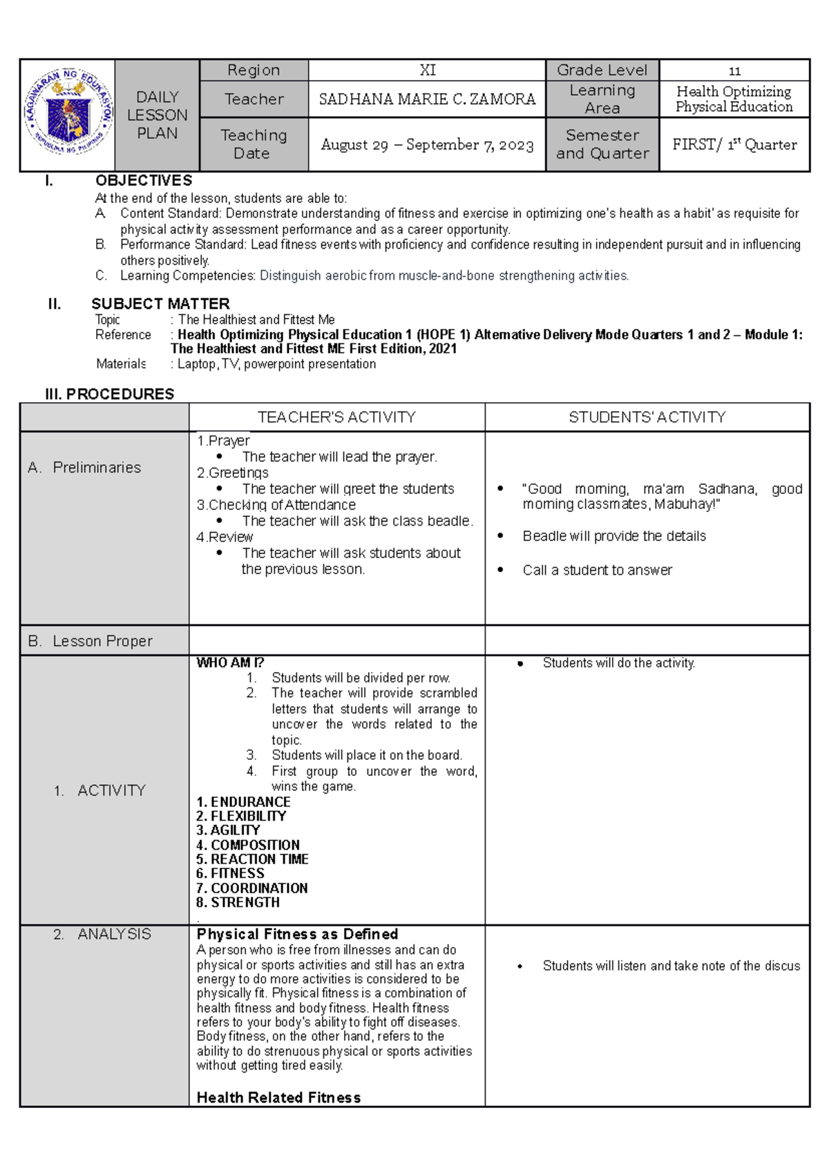 HOPE 11 Q1 - Week 1 Lesson Plan: Health Optimizing Phys Ed Activities ...
