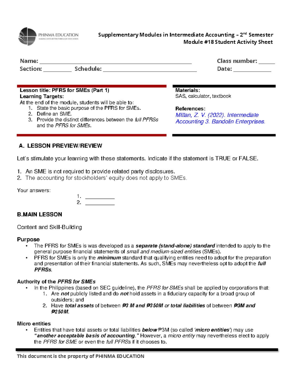 PHI-002 ENG-188 PFRS for SMEs Student Activity Sheet - Part 1 - Studocu