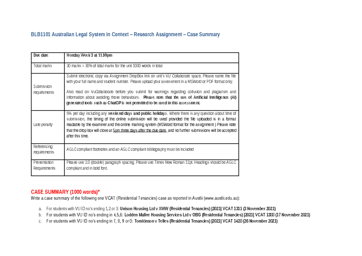BLB1101 VCAT Assessment 2: Case Summary Assignment Instructions - Studocu