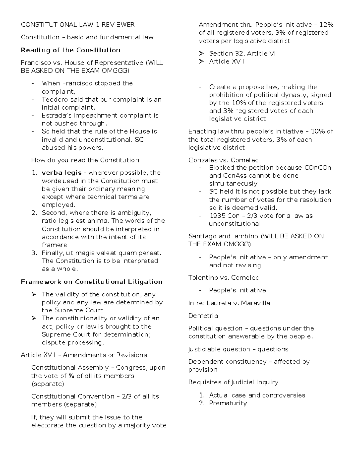 CONSTITUTIONAL LAW 1 FINAL EXAM REVIEWER: Key Cases & Principles - Studocu