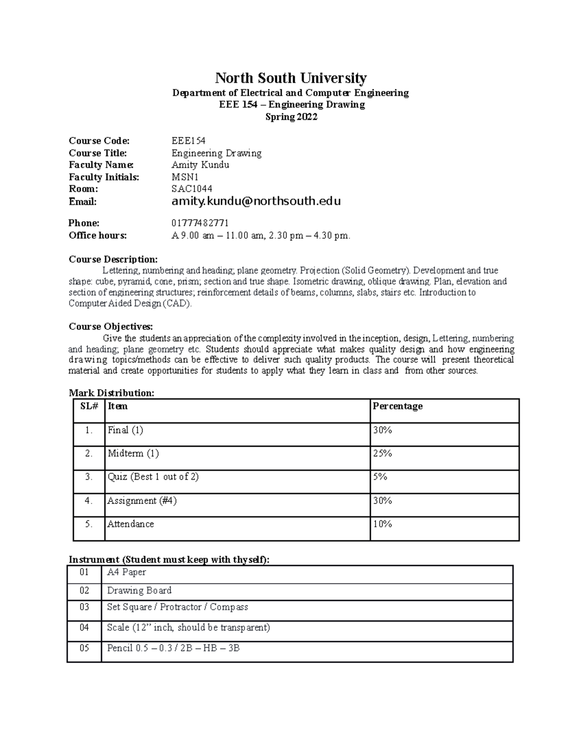 EEE154 Course Outline(2nd Sem) - North South University Department of ...