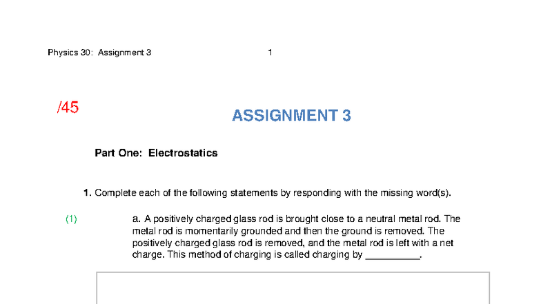 Physics 30: Assignment 3 - Electrostatics and Law Investigation - Studocu
