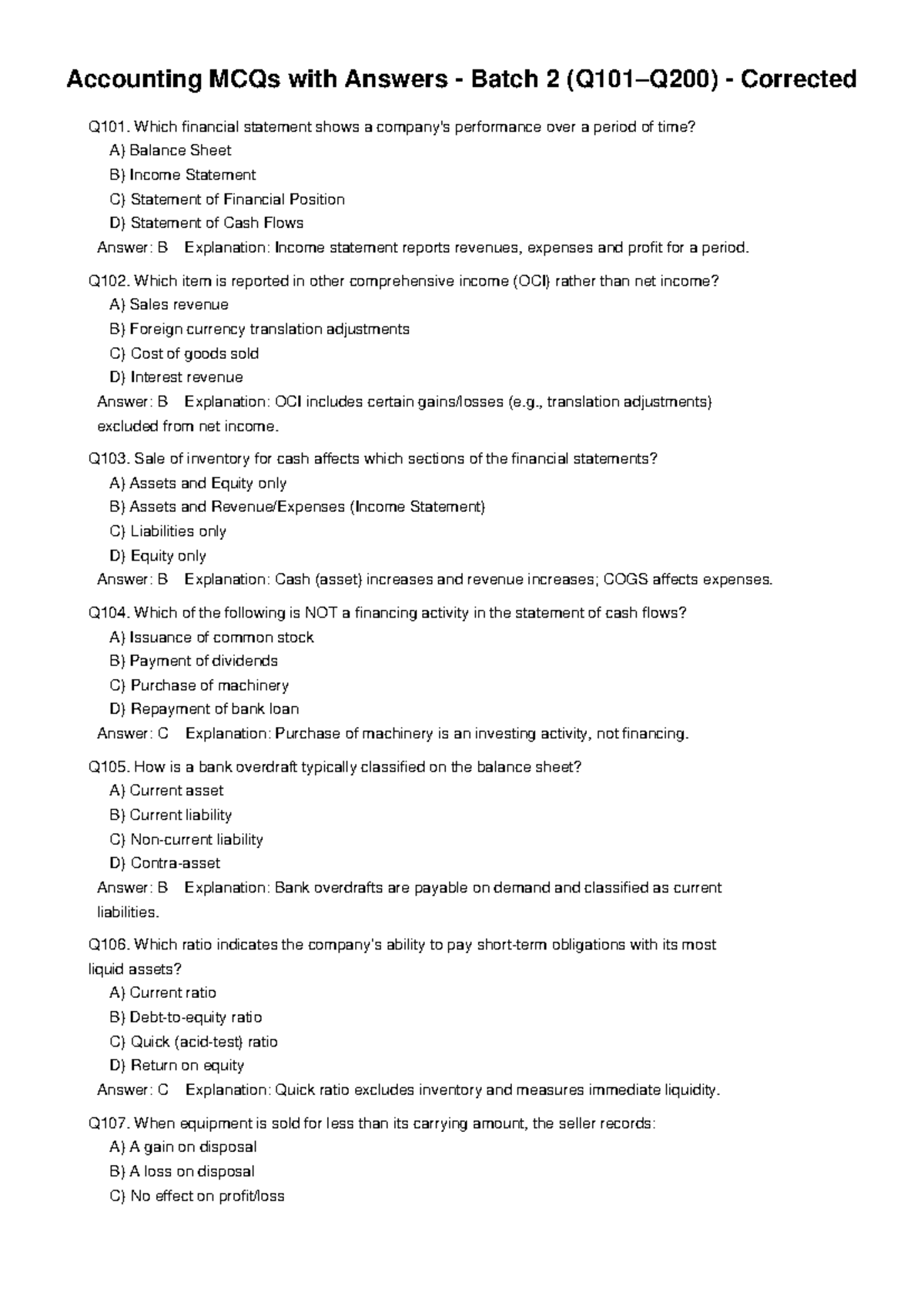 Accounting MCQs with Answers Batch 2 - 200 Corrected - Studocu