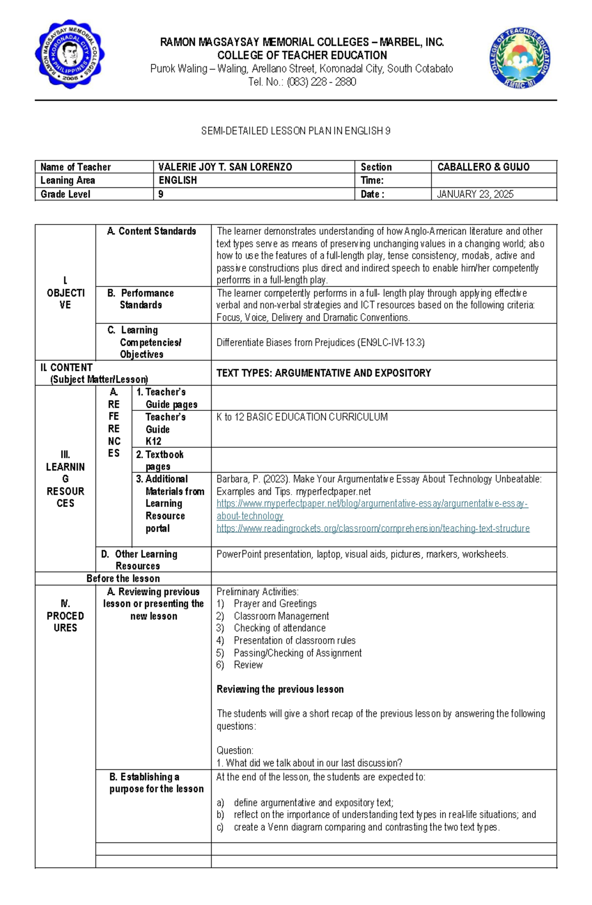 Lesson Plan for English 9: Exploring Argumentative & Expository Texts ...