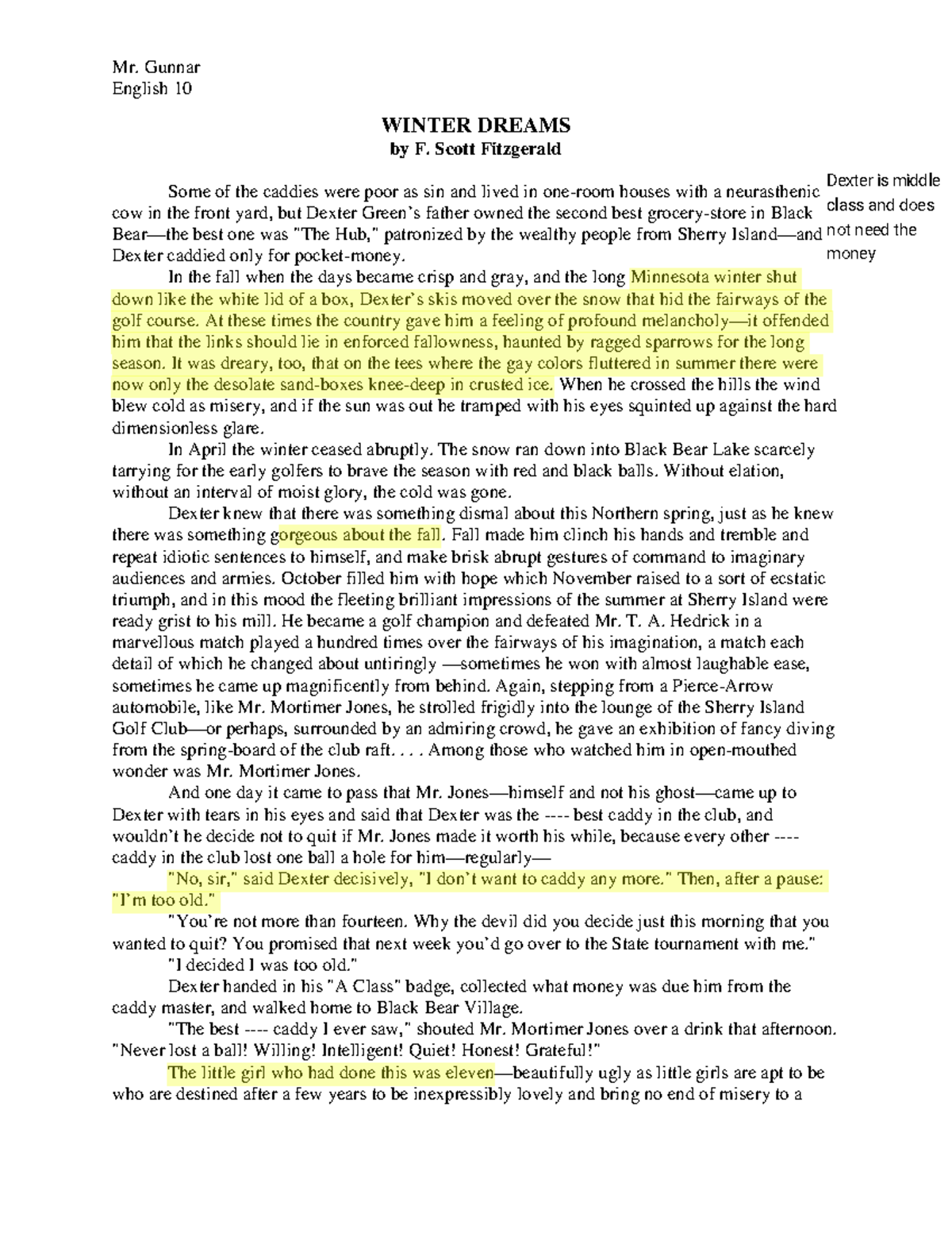 **ENGL 10 Winter Dreams Analysis and Summary Notes** - Studocu