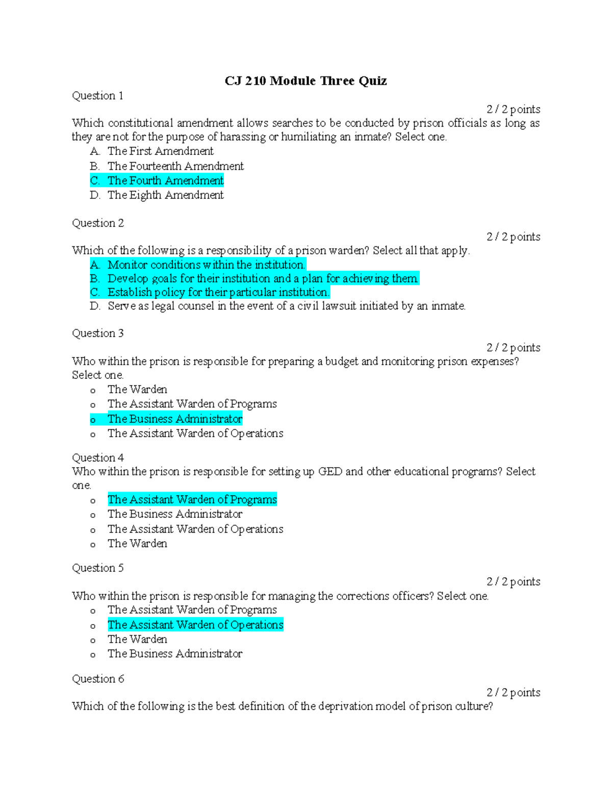 CJ 210 Module 3 Quiz: Constitutional Amendments & Prison Roles - Studocu