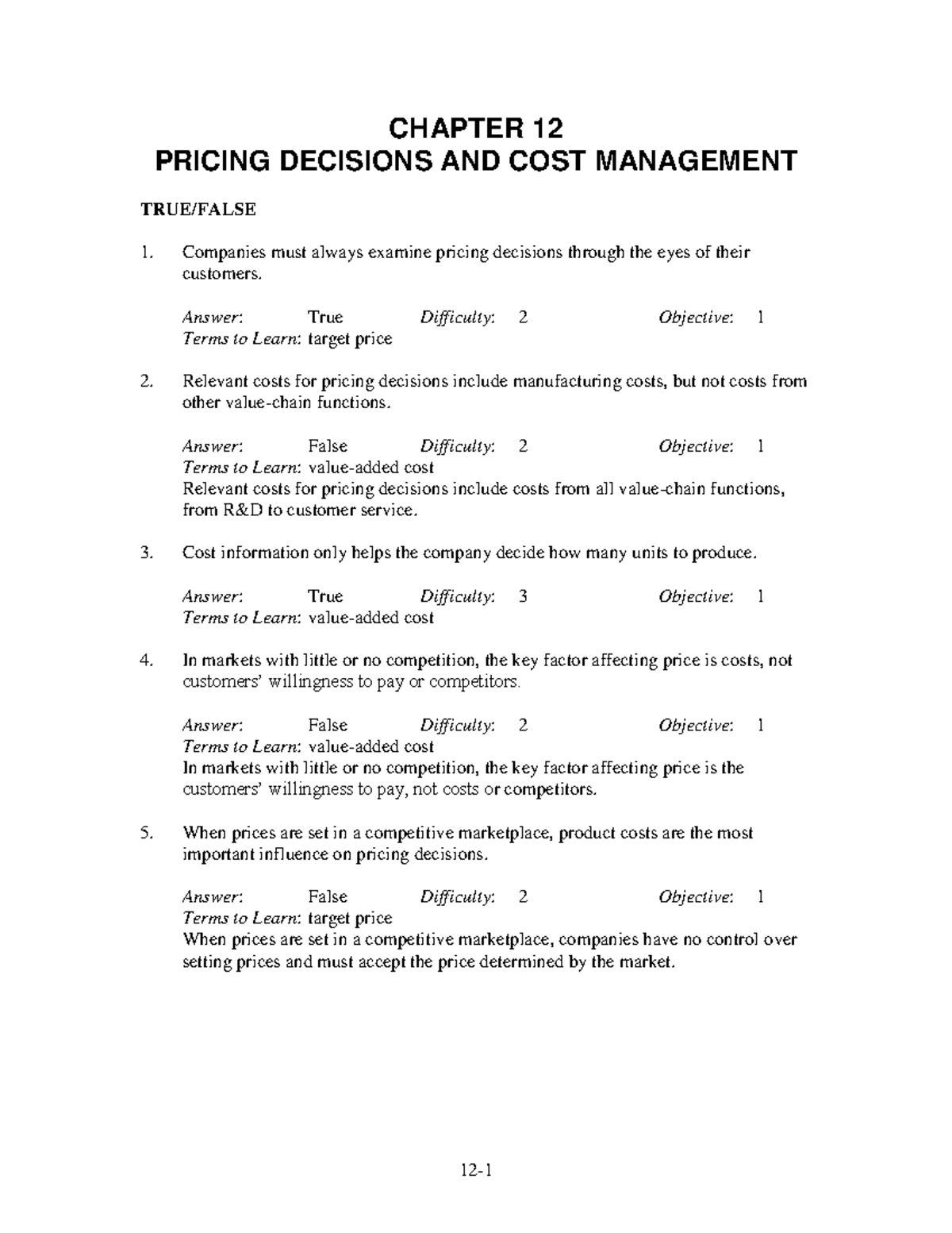 Chapter 12 - Answer Key - CHAPTER 12 PRICING DECISIONS AND COST ...