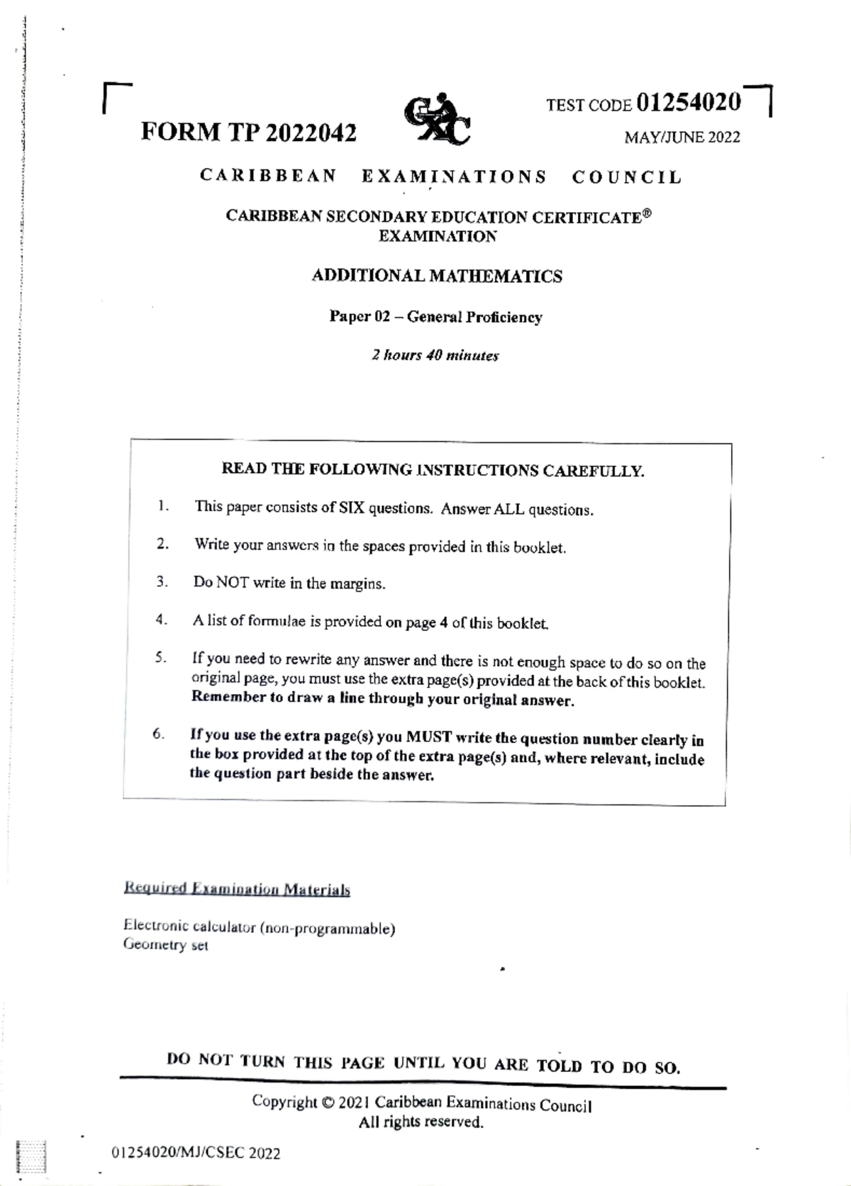 Additional Mathematics CSEC Paper 1 2022 Exam Guide - Studocu