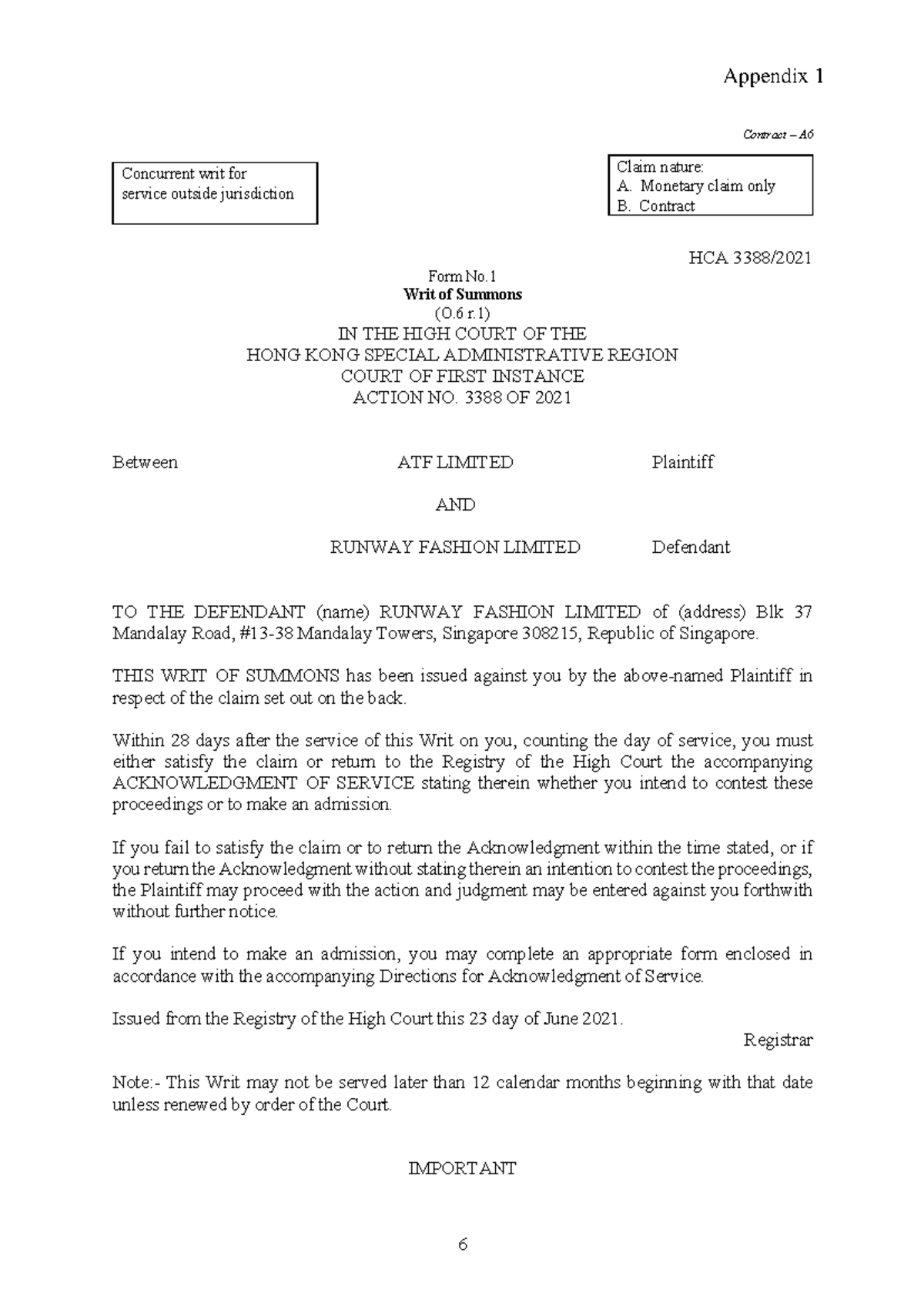 Appendix A6: Claim Nature and Writ of Summons Overview (LG3) - Studocu