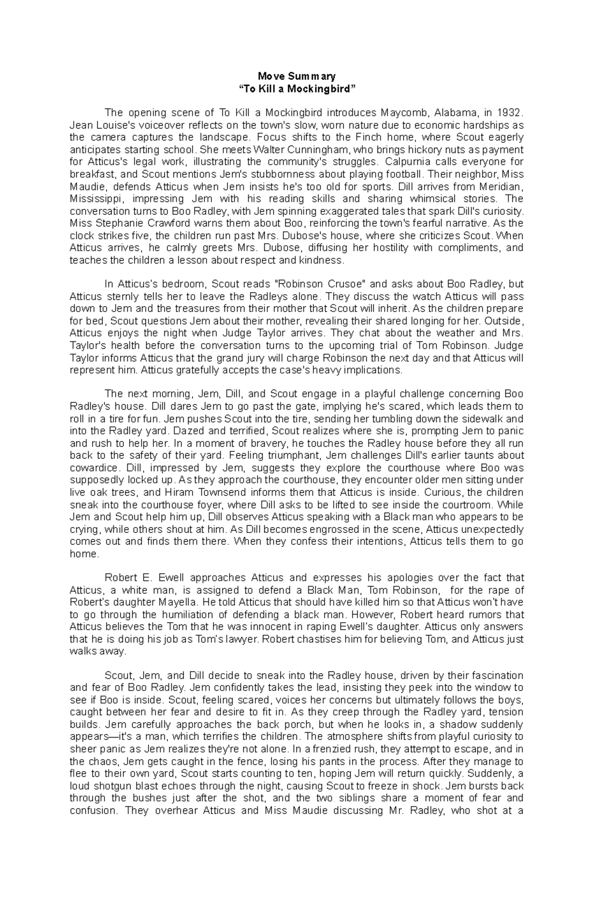 Summary of To Kill a Mockingbird (ENG 200) - Key Plot Points - Studocu