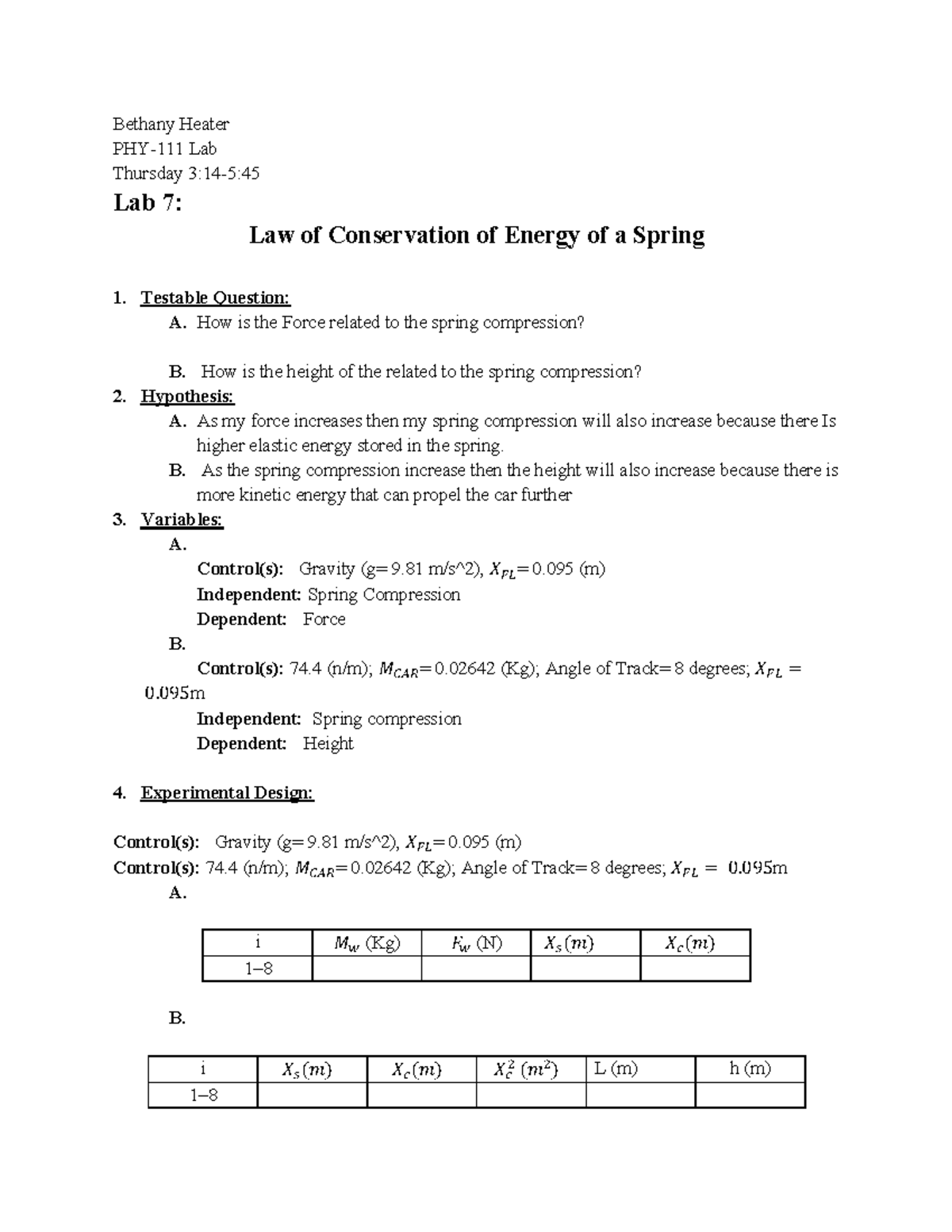 PHY111L Lab 7 Conservation of energy of a spring 3 - Bethany Heater PHY ...