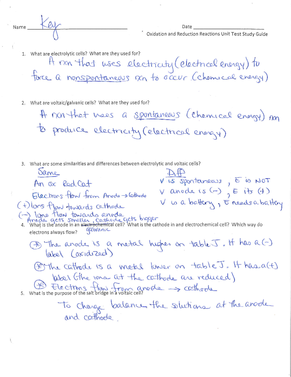 Redox Reactions ANSWER KEY & Diagrams for Study Guide - Studocu