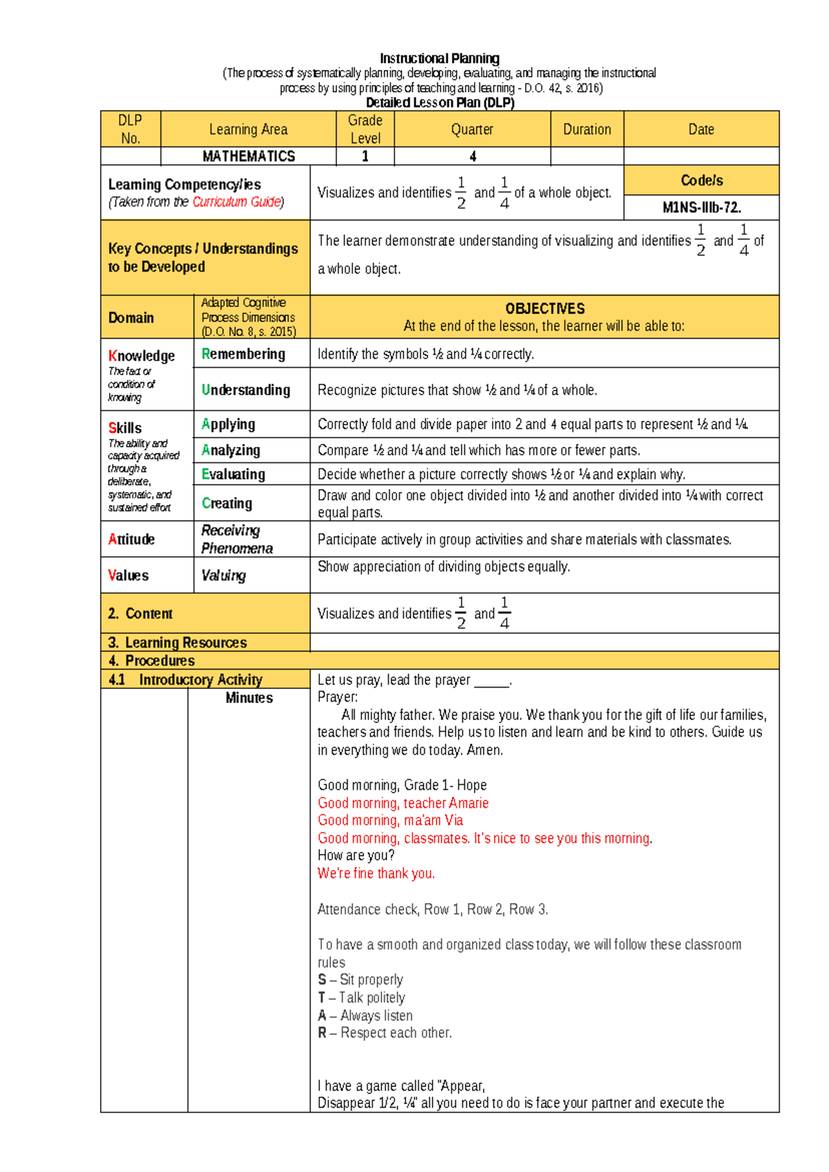 Grade 1 Math DLP: Understanding Fractions ½ and ¼ Lesson Plan - Studocu