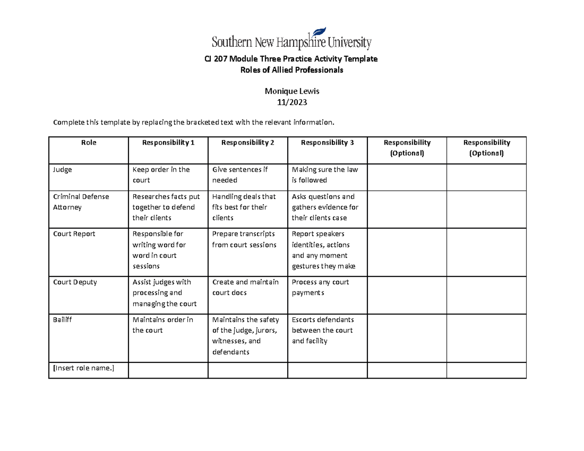 CJ-207 Module Three Practice Activity Roles Template - Studocu