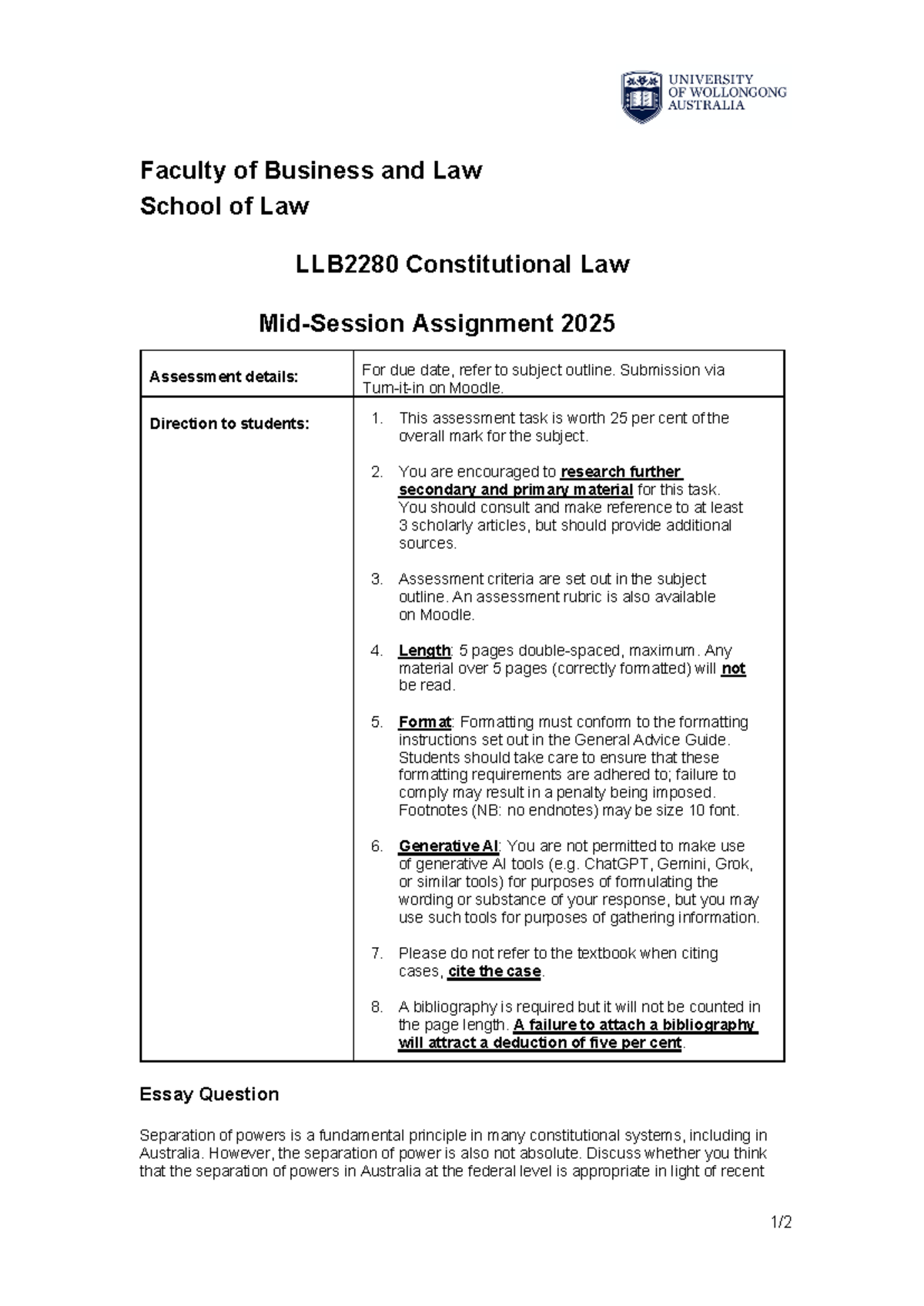 2025 UOW Mid-Session Assignment LLB2280 - 1/ Faculty of Business and Law School of Law LLB2280 ...