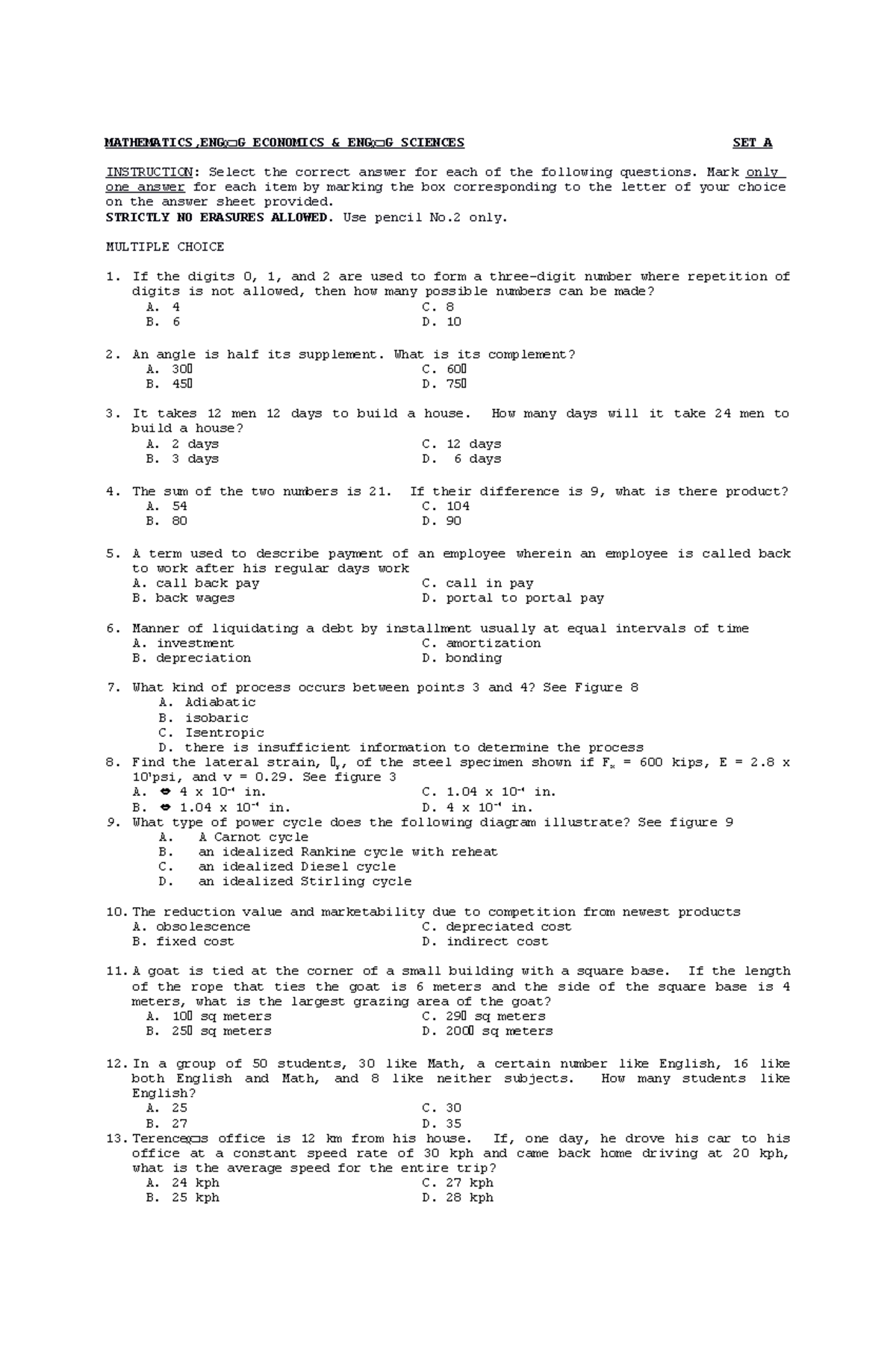 2017 Math Board Exam Questions - Set A - Multiple Choice Format - Studocu