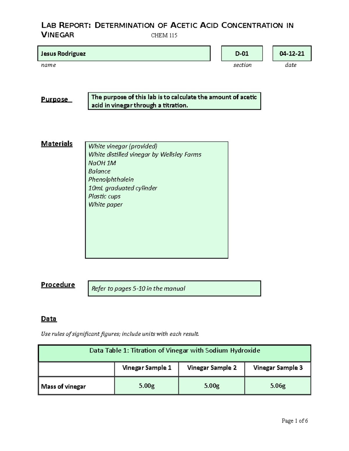 Lab Report Determination of Acetic Acid - LAB REPORT: DETERMINATION OF ...