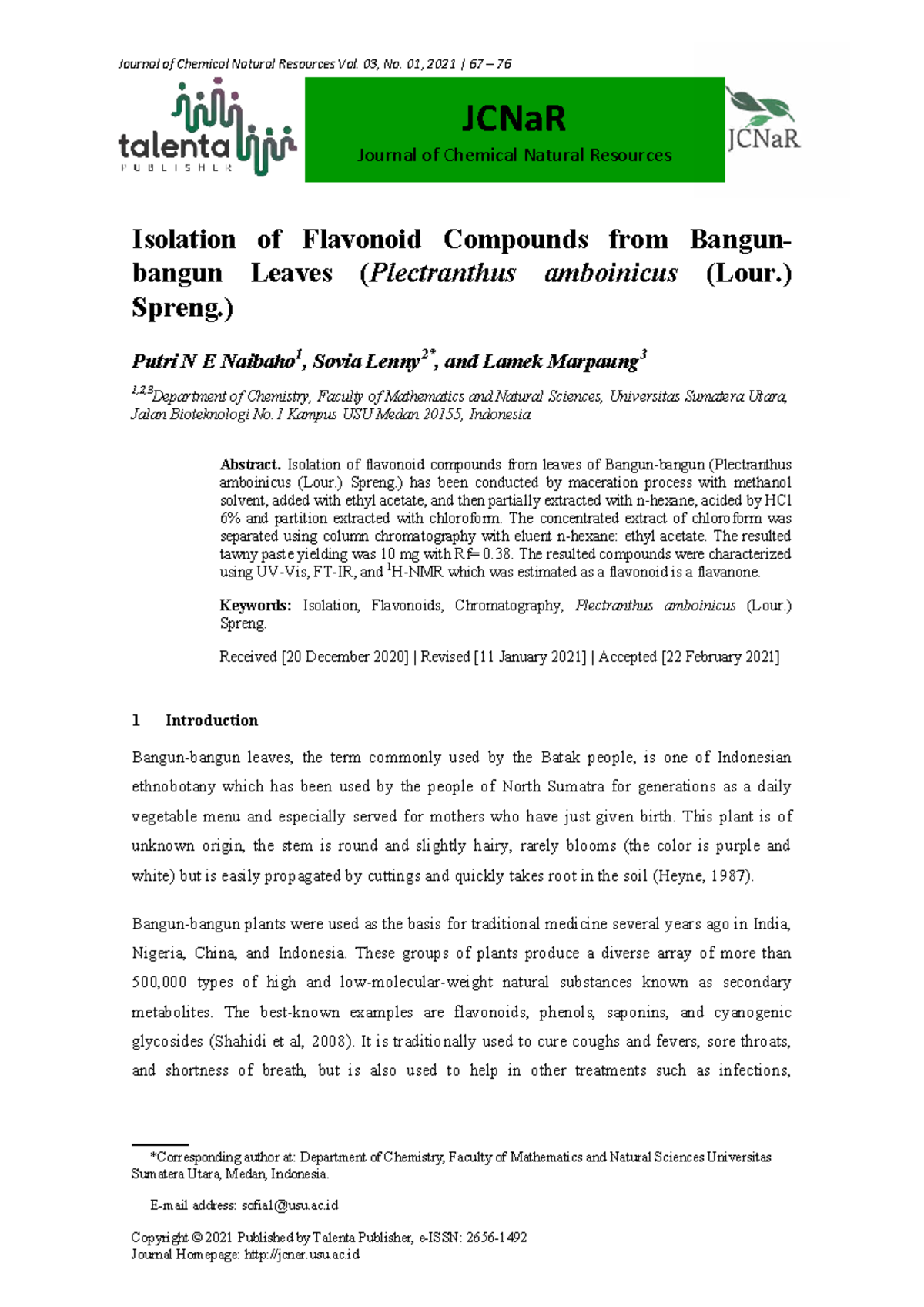 Isolation of Flavonoid Compounds from Plectranthus amboinicus (JCNaR ...