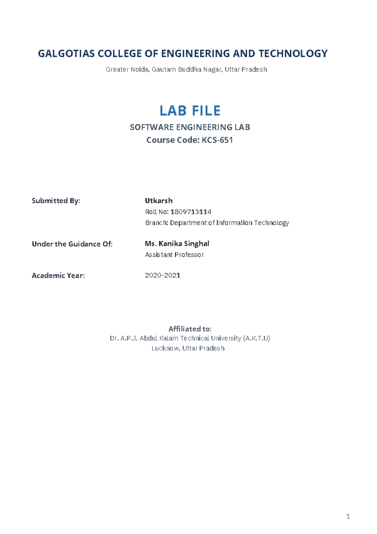 Software Engineering Lab File (Course Code: Utkarsh) - Studocu
