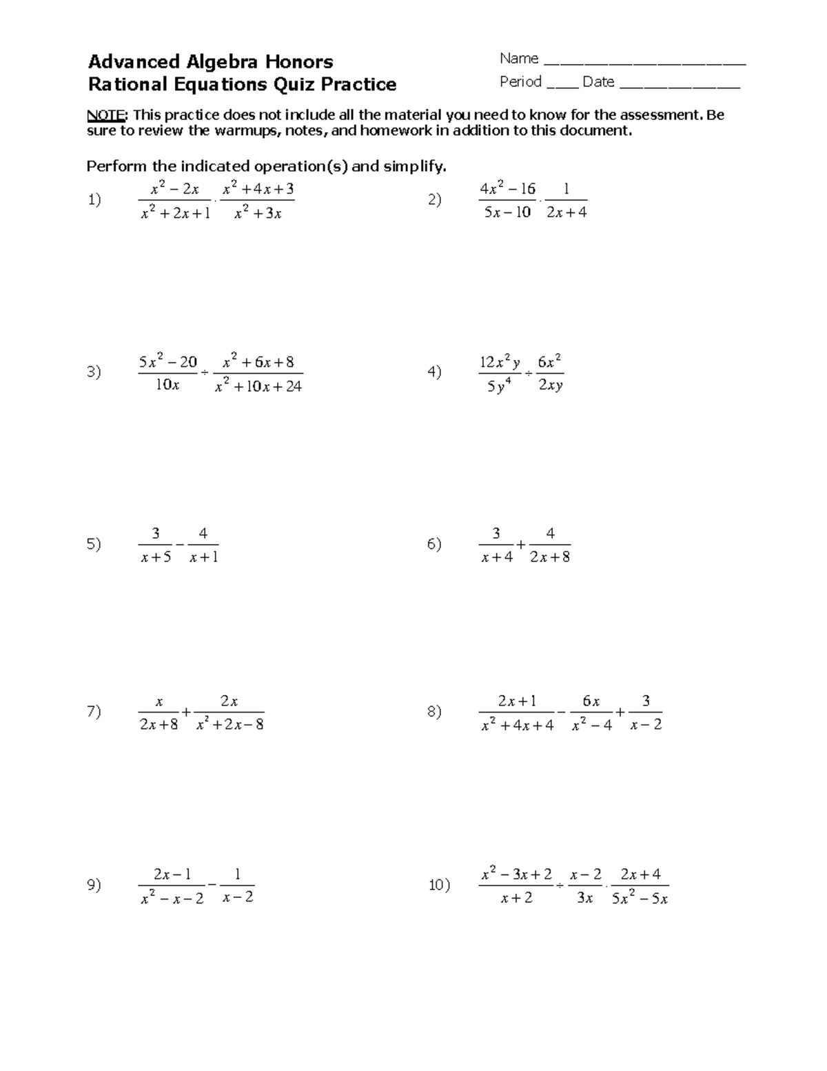 Day 08 - 1 - Rational Operations Quiz Practice - Advanced Algebra ...