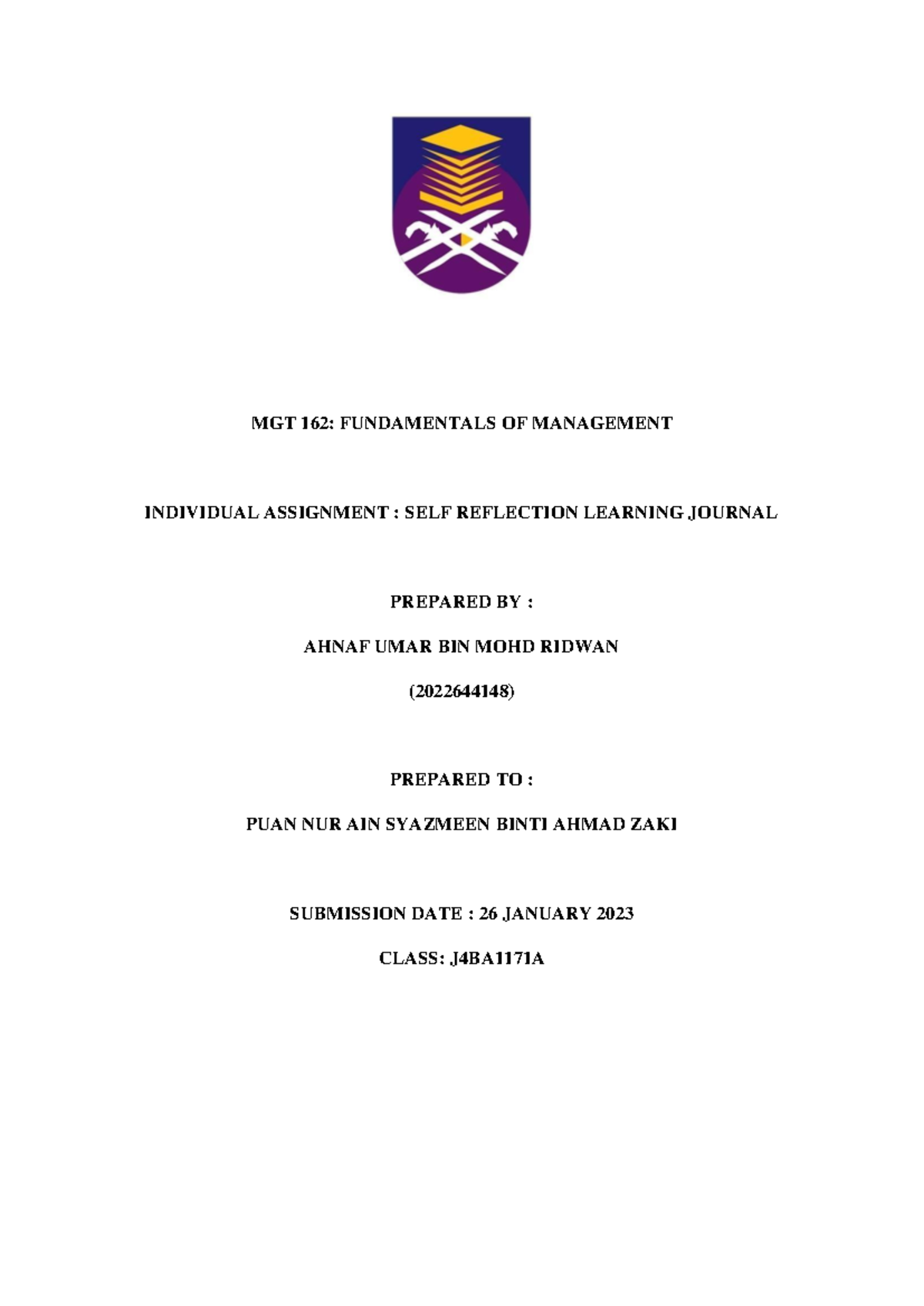 MGT 162: Individual Assignment on Self-Reflection Learning Journal ...