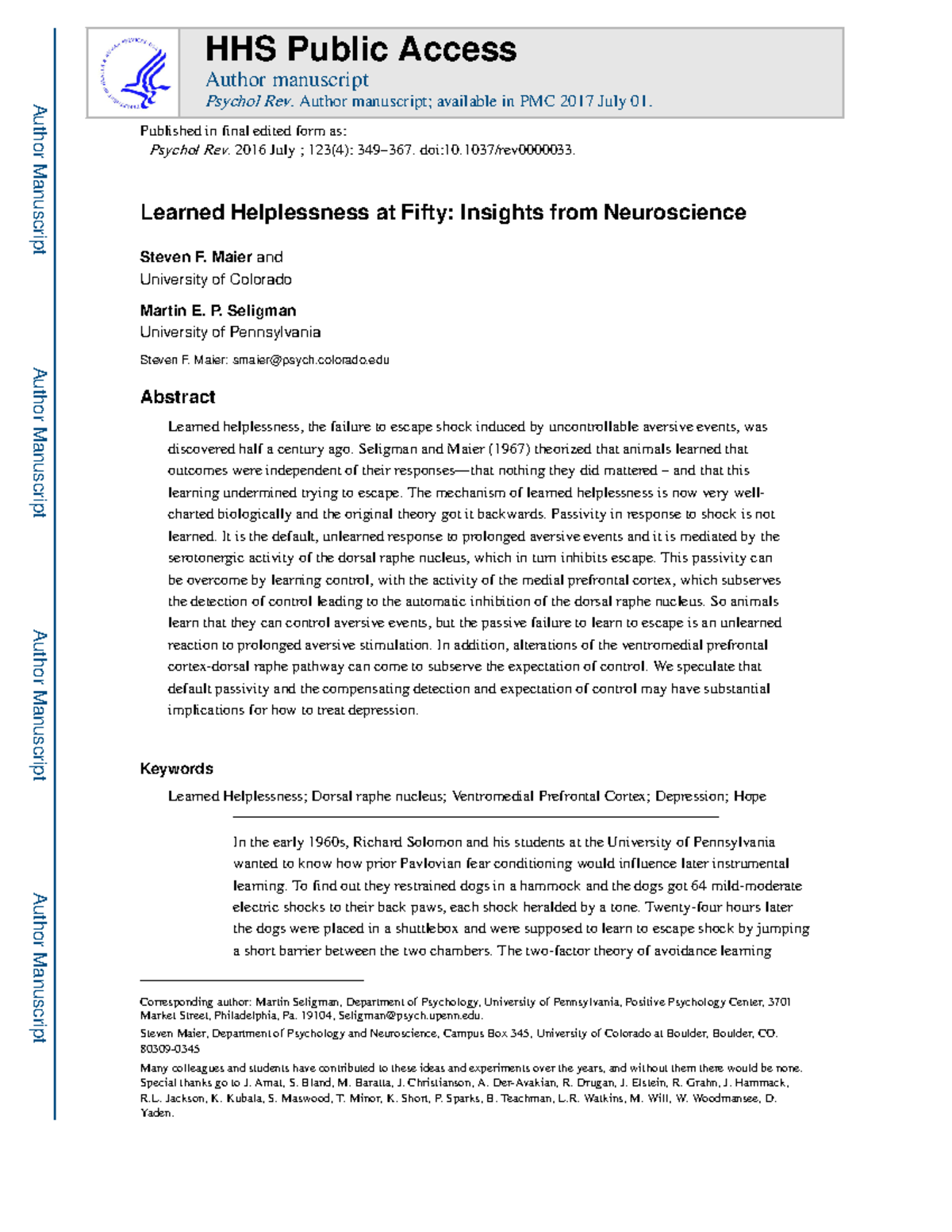 Learned Helplessness at 50: Neuroscience Insights (PSY 123) - Studocu