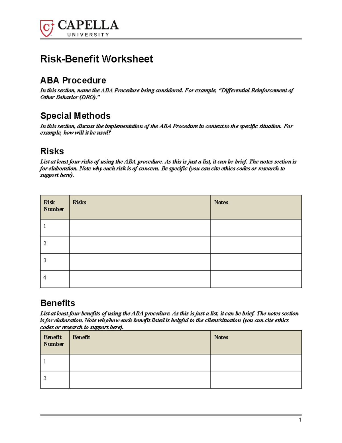 Worksheet: ABA Procedure Risk-Benefit Analysis - Studocu