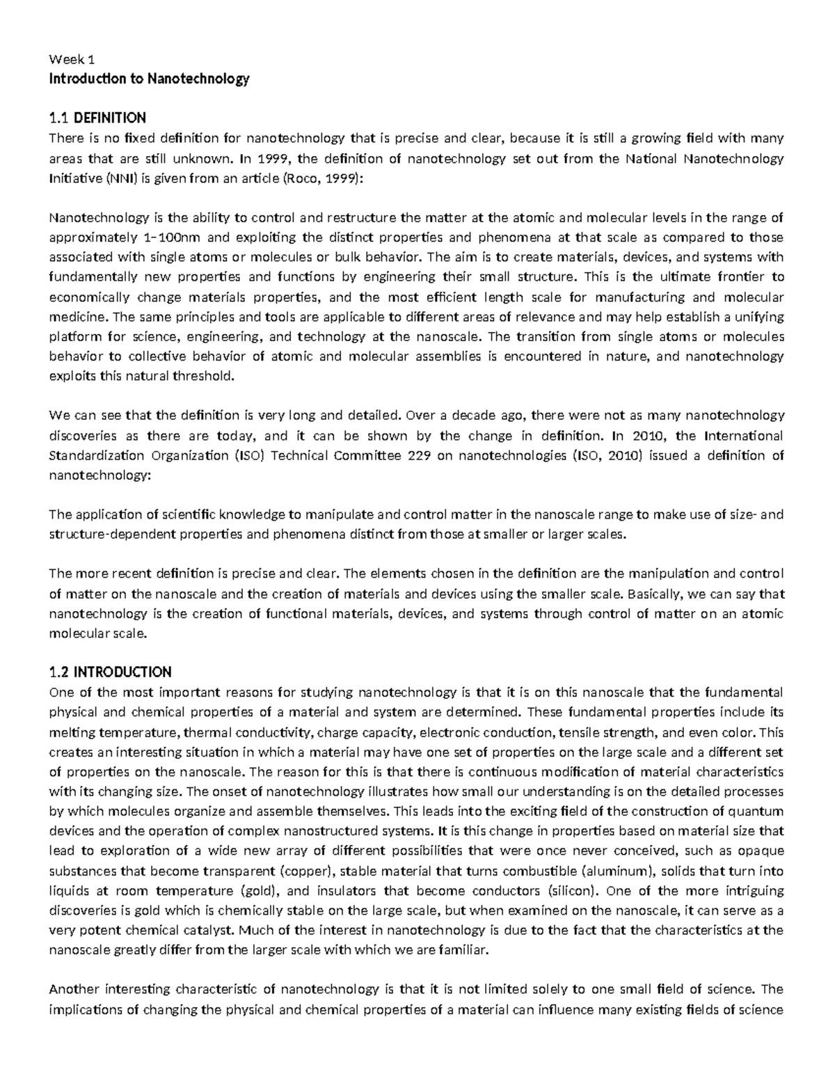 Week 1 Nanotechnology Module - Week 1 Introduction to Nanotechnology 1 ...