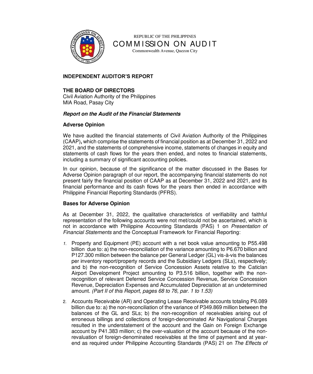 CAAP Financial Audit Report: Adverse Opinion on 2022 Statements - Studocu