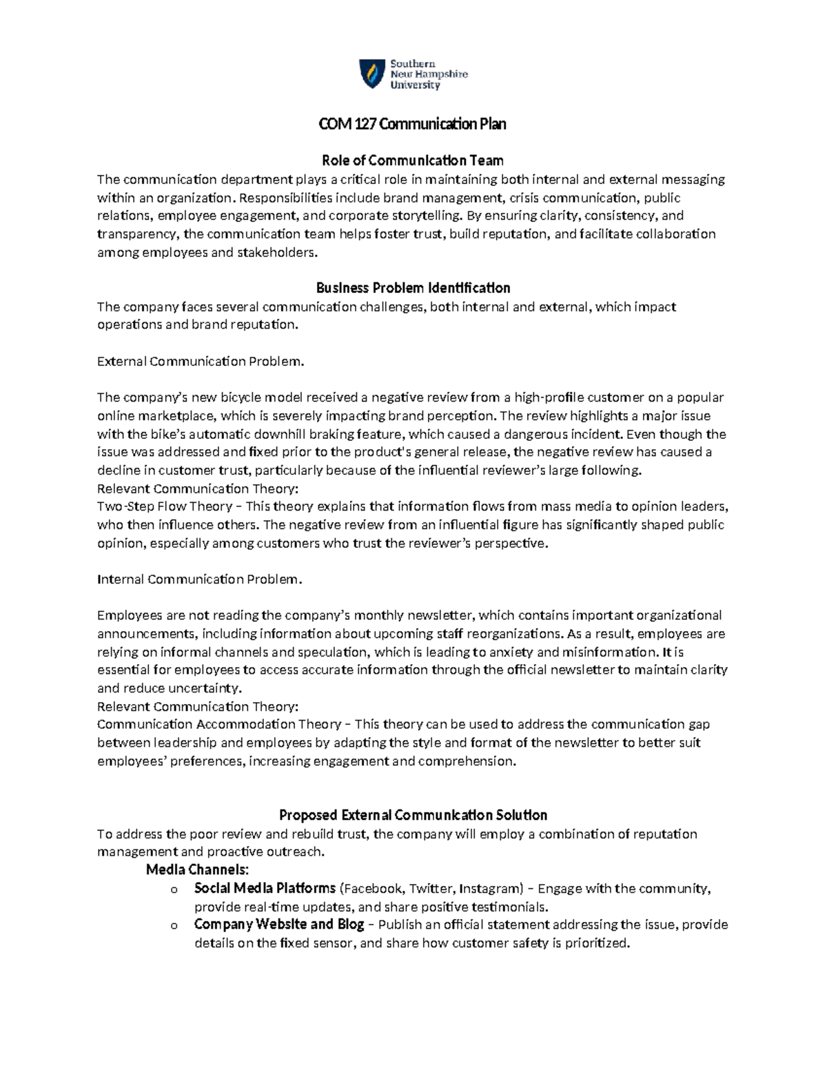 COM 127 Communication Plan - COM 127 Communication Plan Role of ...