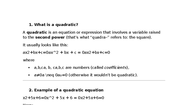 Quadratics: Understanding Equations, Solutions, and Graphs - Studocu
