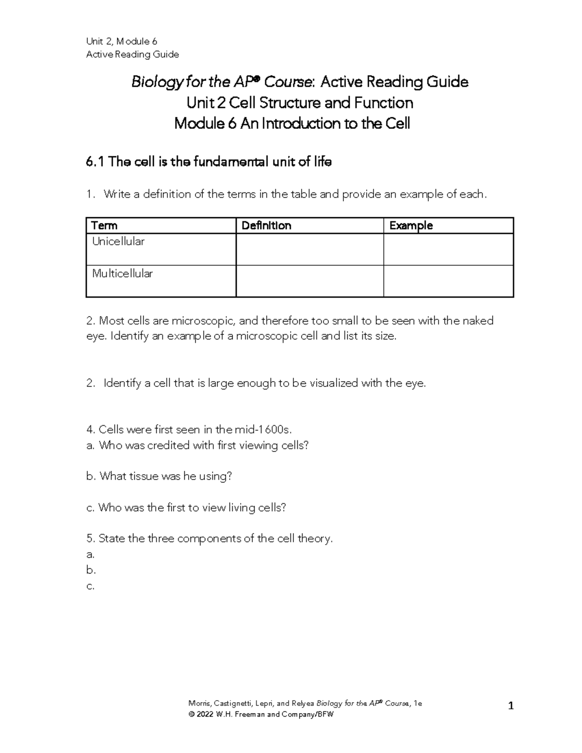 Mod 6 Active Reading Guide for AP Biology Course: Cell Structure - Studocu