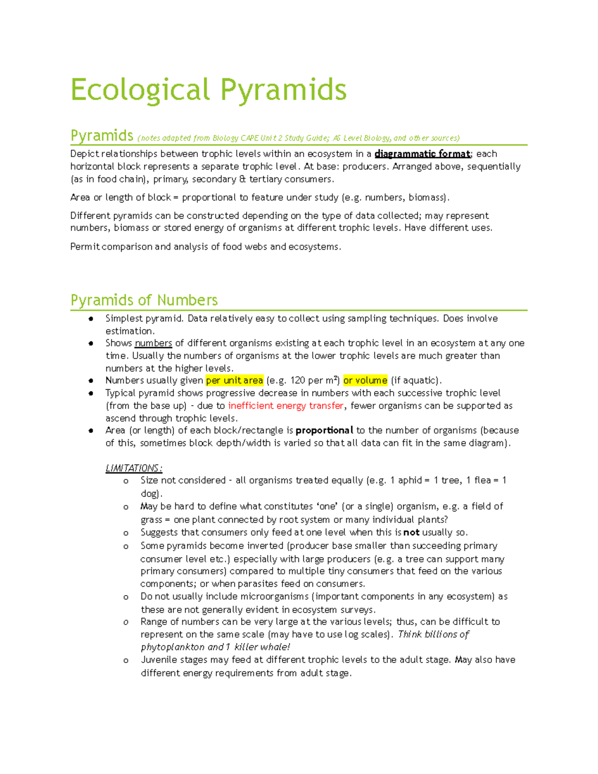 Ecological Pyramids: CAPE Unit 2 Biology Notes on Trophic Levels - Studocu