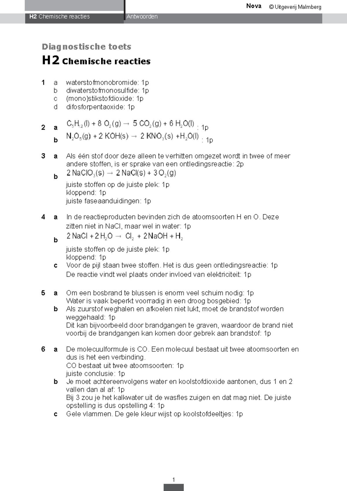 H2 Chemische Reacties Diagnostische Toets Antwoorden - Studeersnel