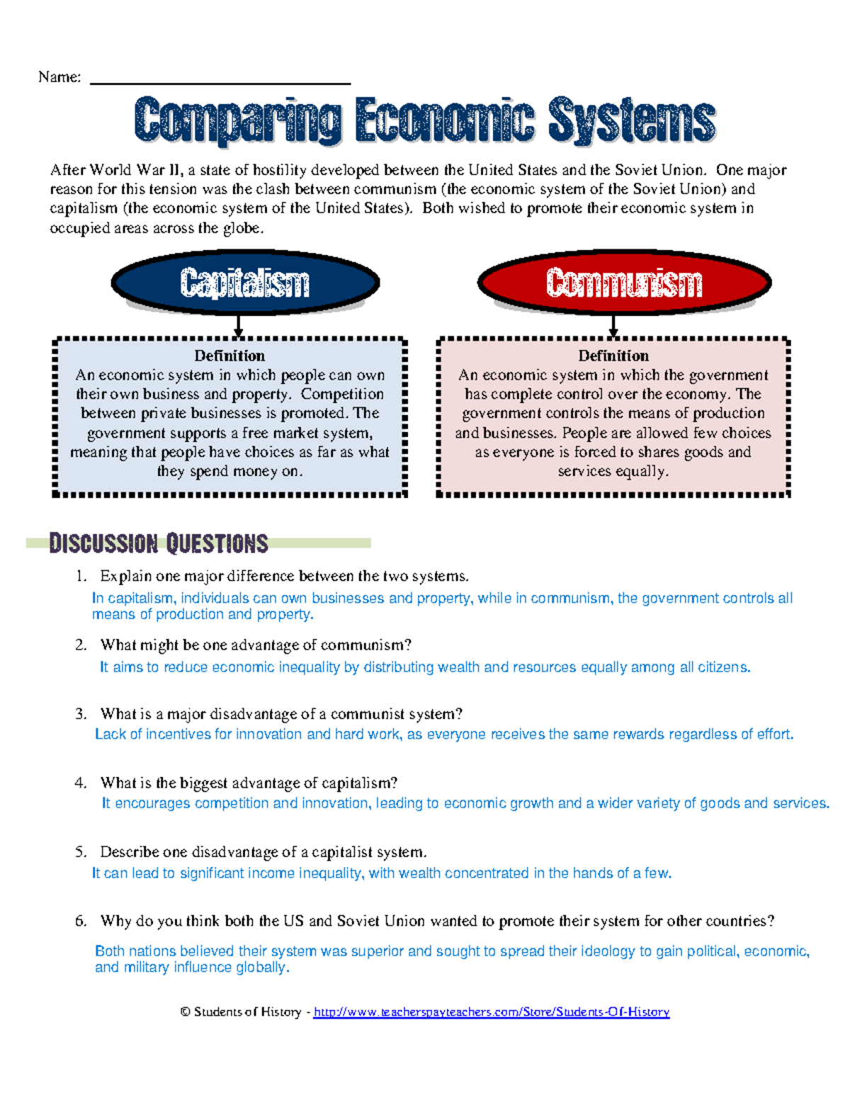 01 - Comparing Economic Systems Worksheet - Name: Co Commppaarriinngg ...