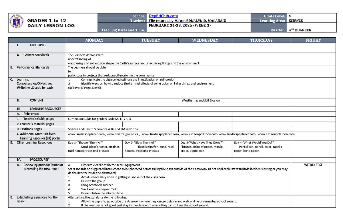 DLL Science 5 Q4 W3 - LESSON PLAN - GRADES 1 to 12 DAILY LESSON LOG School: DepEdClub Grade ...