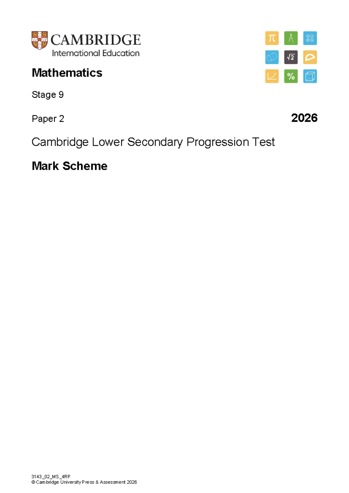 Mathematics Stage 9 Paper 2 Mark Scheme 3143_02_MS_4RP Cambridge 2026 ...