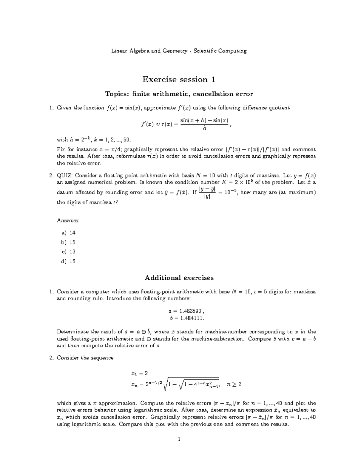 Linear Algebra and Geometry: Scientific Computing Exercise 1 - Studocu
