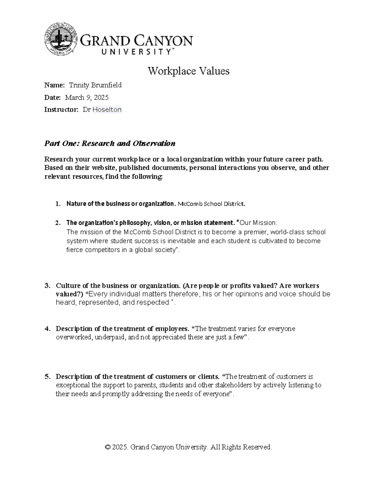 Workplace Values - Template complete - Workplace Values Name: Trinity ...