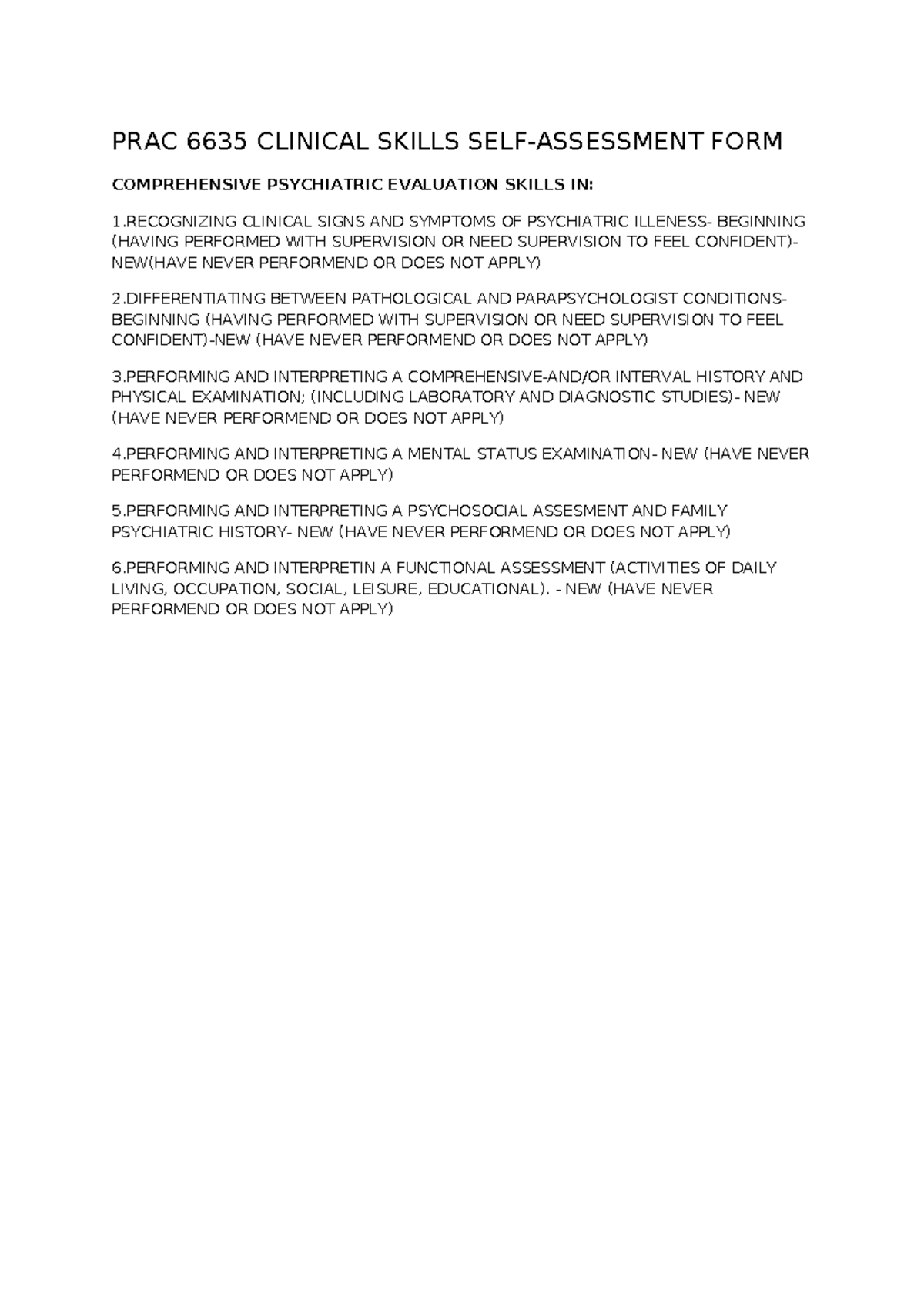 PRAC 6635 Clinical Skills Self-Assessment: Psychiatric Evaluation - Studocu