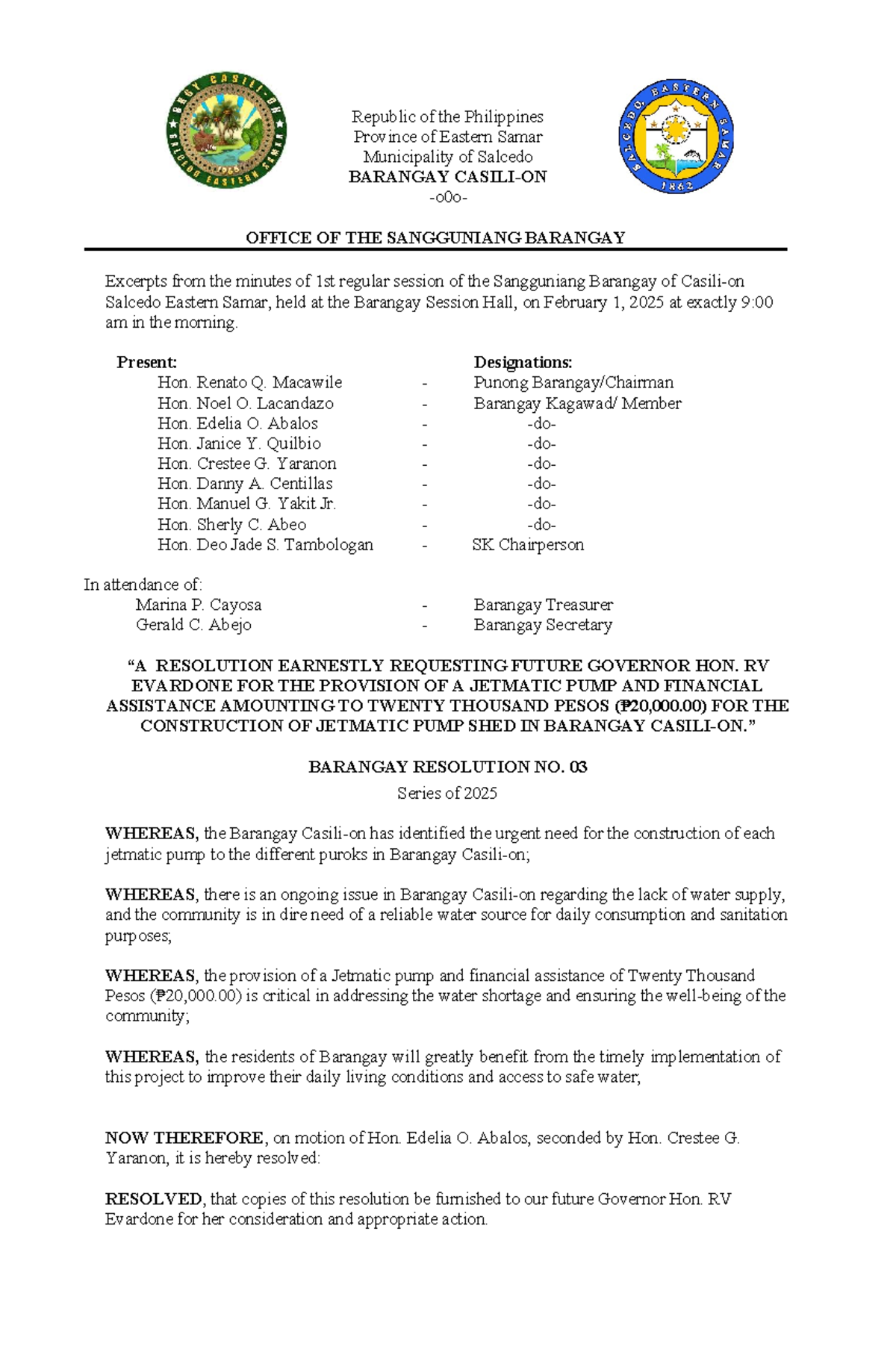 Barangay Resolution No. 03-2025: Request for Jetmatic Pump & Aid - Studocu