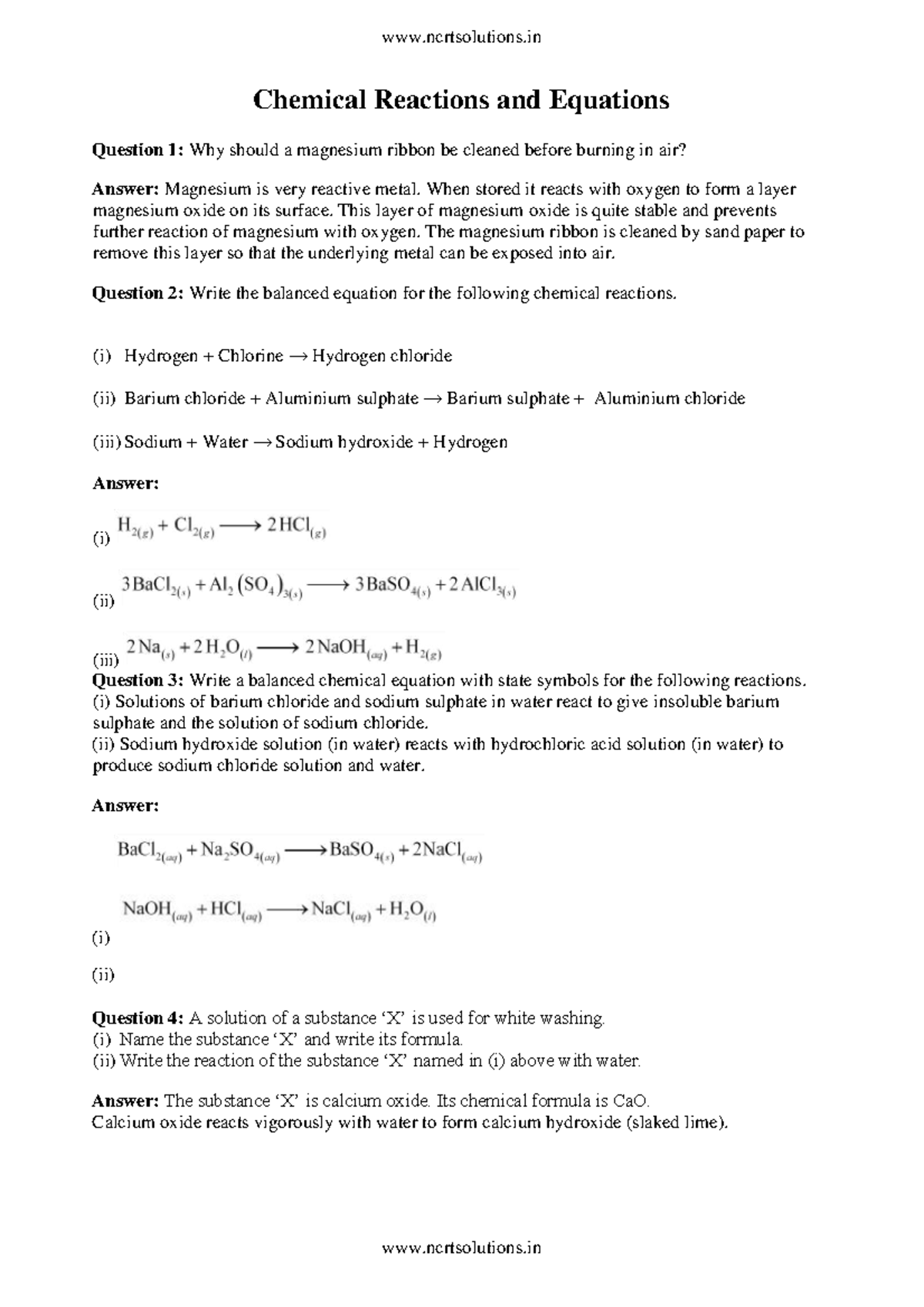 Chemical Reactions and Equations: NCERT Solutions (Class 10) - Studocu