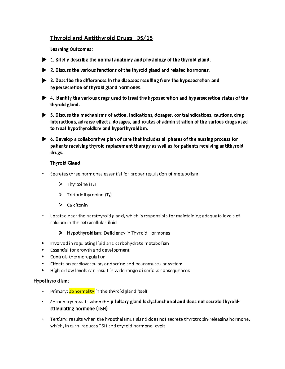 Thyroid and Antithyroid Drugs Study Notes: Key Learning Outcomes - Studocu