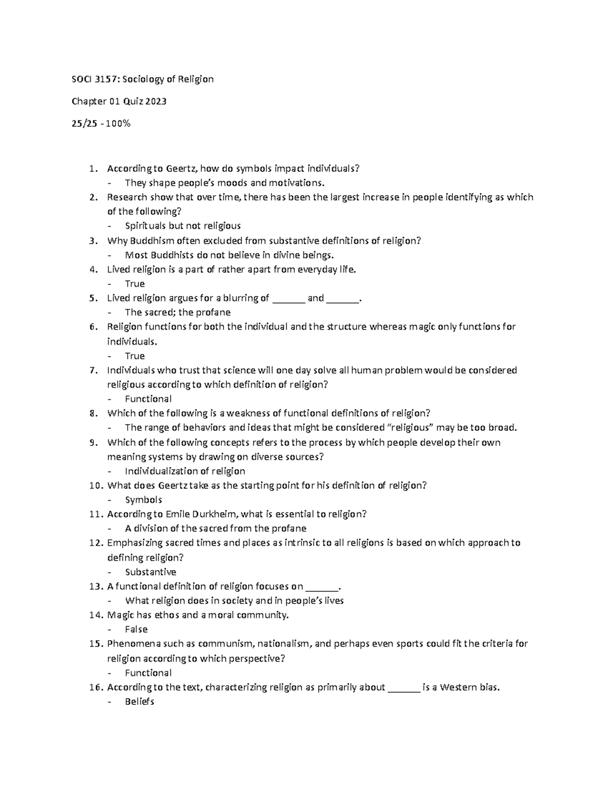 SOCI 3157: Quiz on Sociology of Religion - Chapter 1 (2023) - Studocu