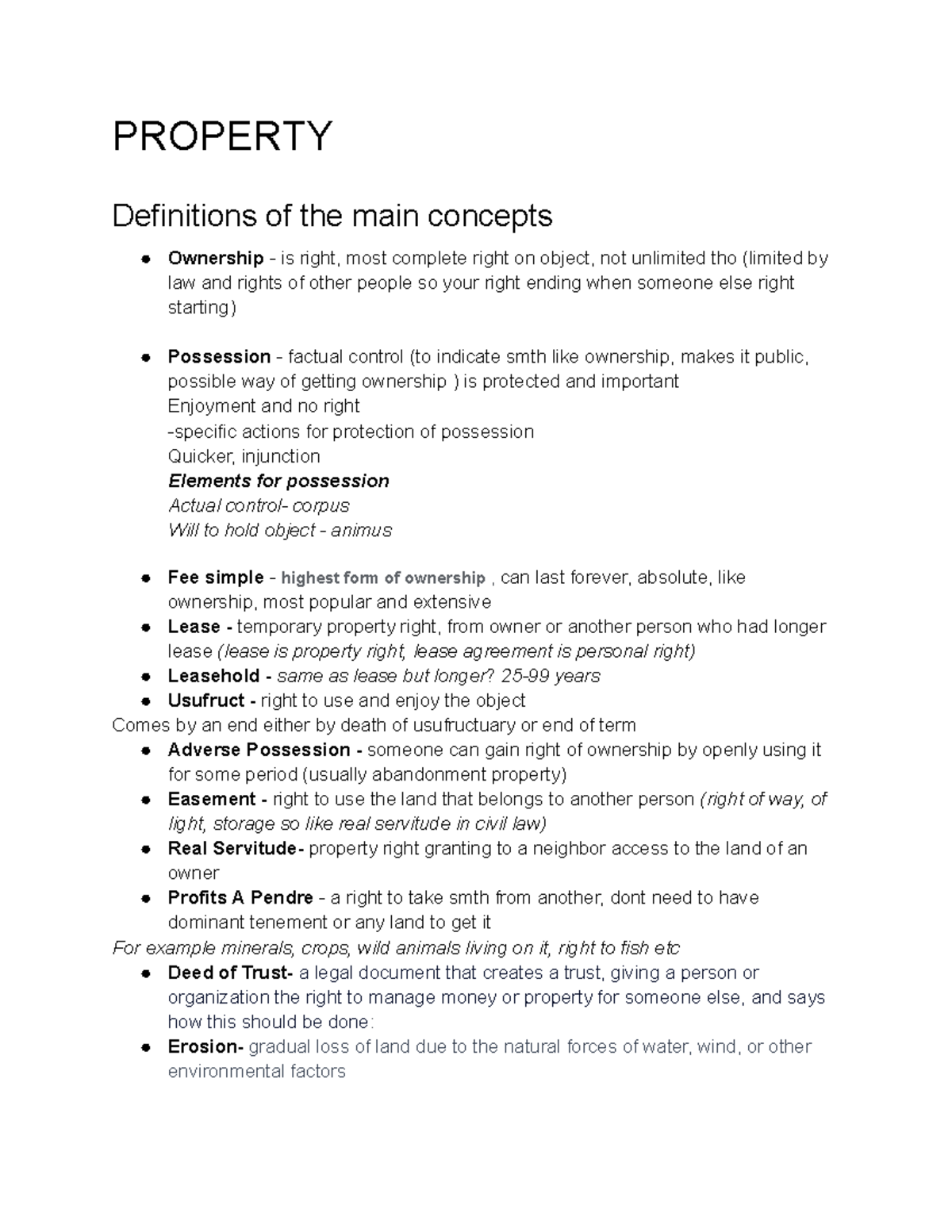 PROPERTY LAW Concepts and Definitions: Ownership, Possession, and Tort - Studeersnel