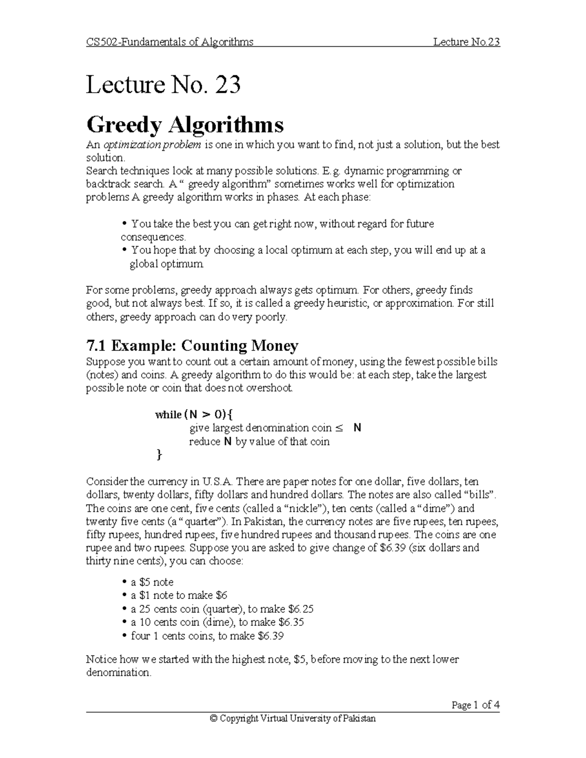 Lecture 23 - Greedy Algorithms in Optimization Problems - Studocu