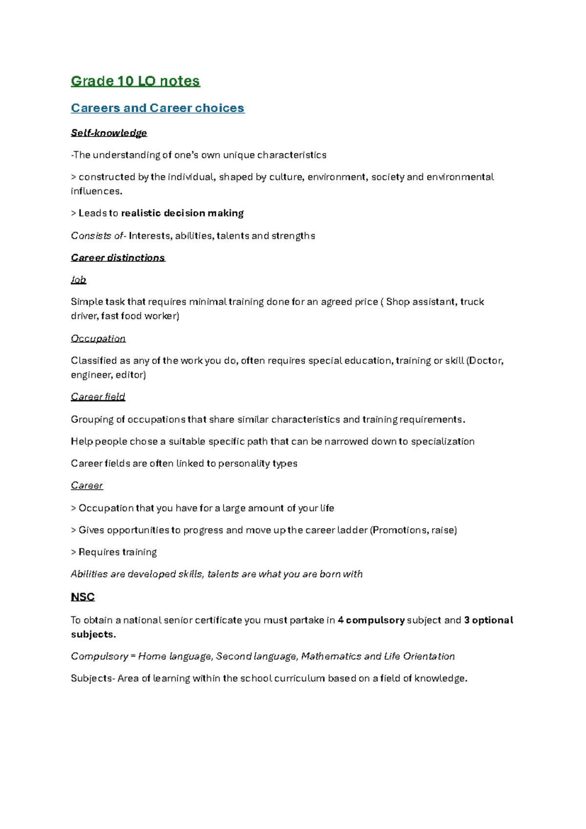 Grade 10 LO Notes: Careers, Choices, and Decision-Making Insights - Studocu