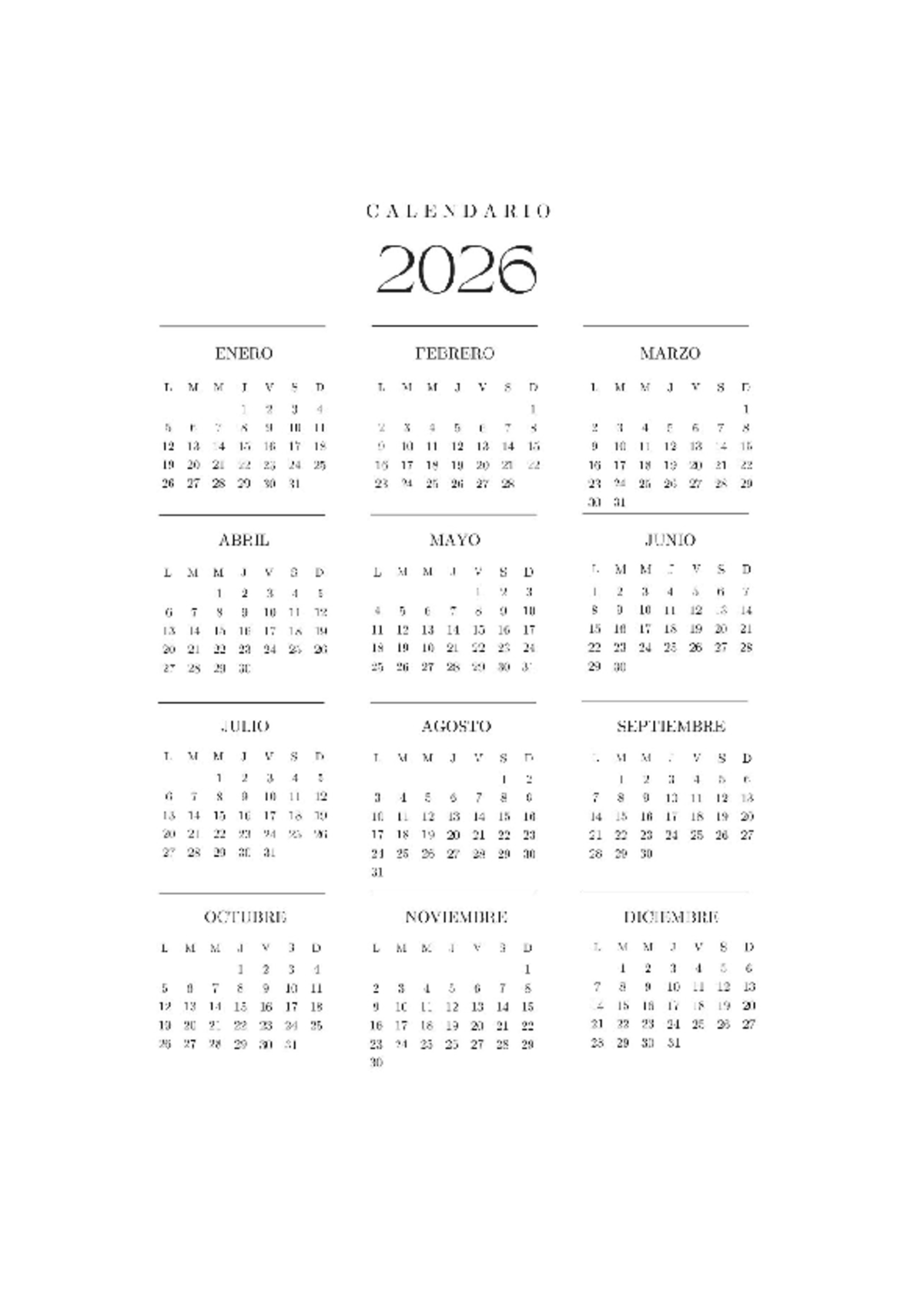 CALENDARIO 2026: Estructura Mensual de Enero a Diciembre - Studocu